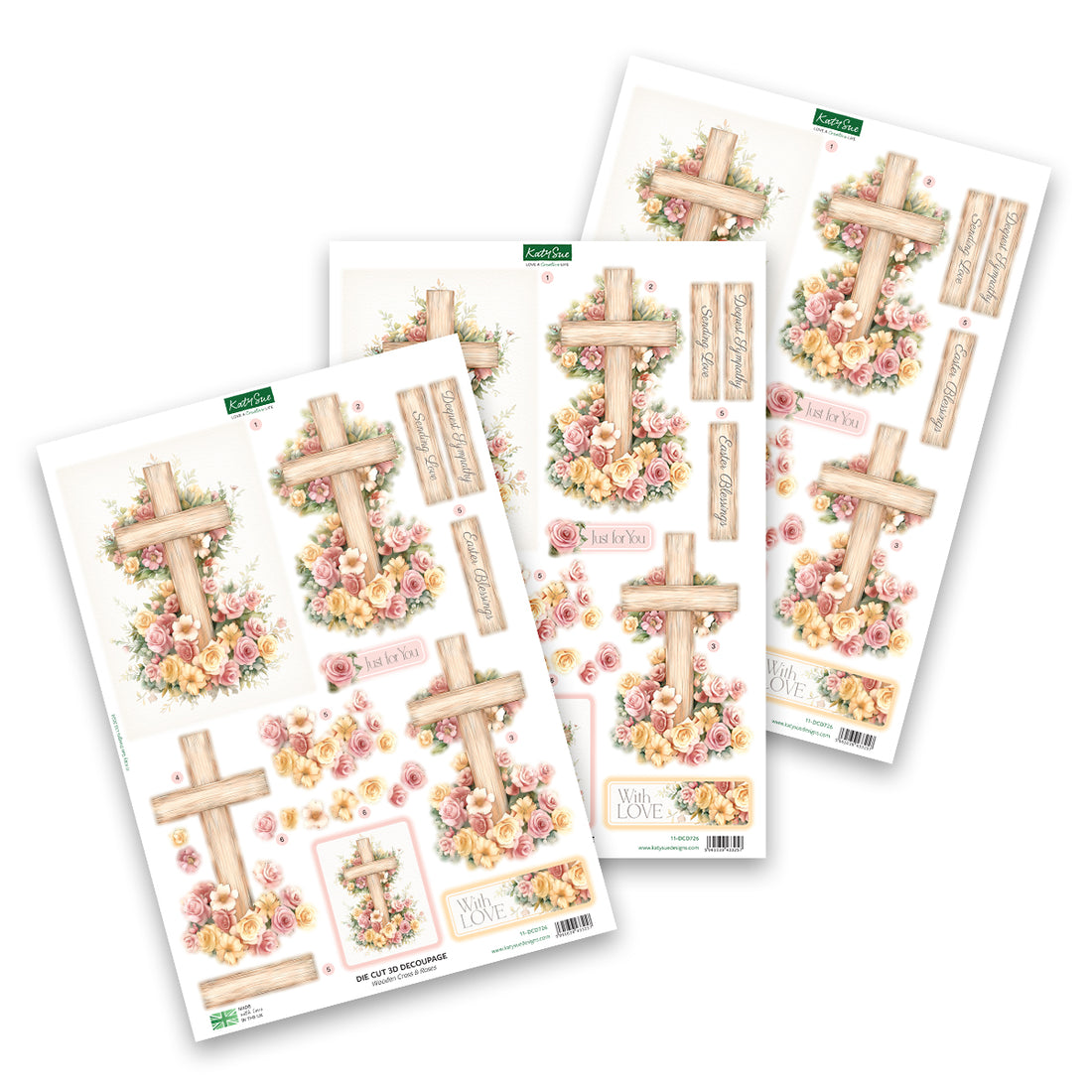 Die Cut Decoupage – Wooden Cross & Roses (pack of 3) | Katy Sue Designs