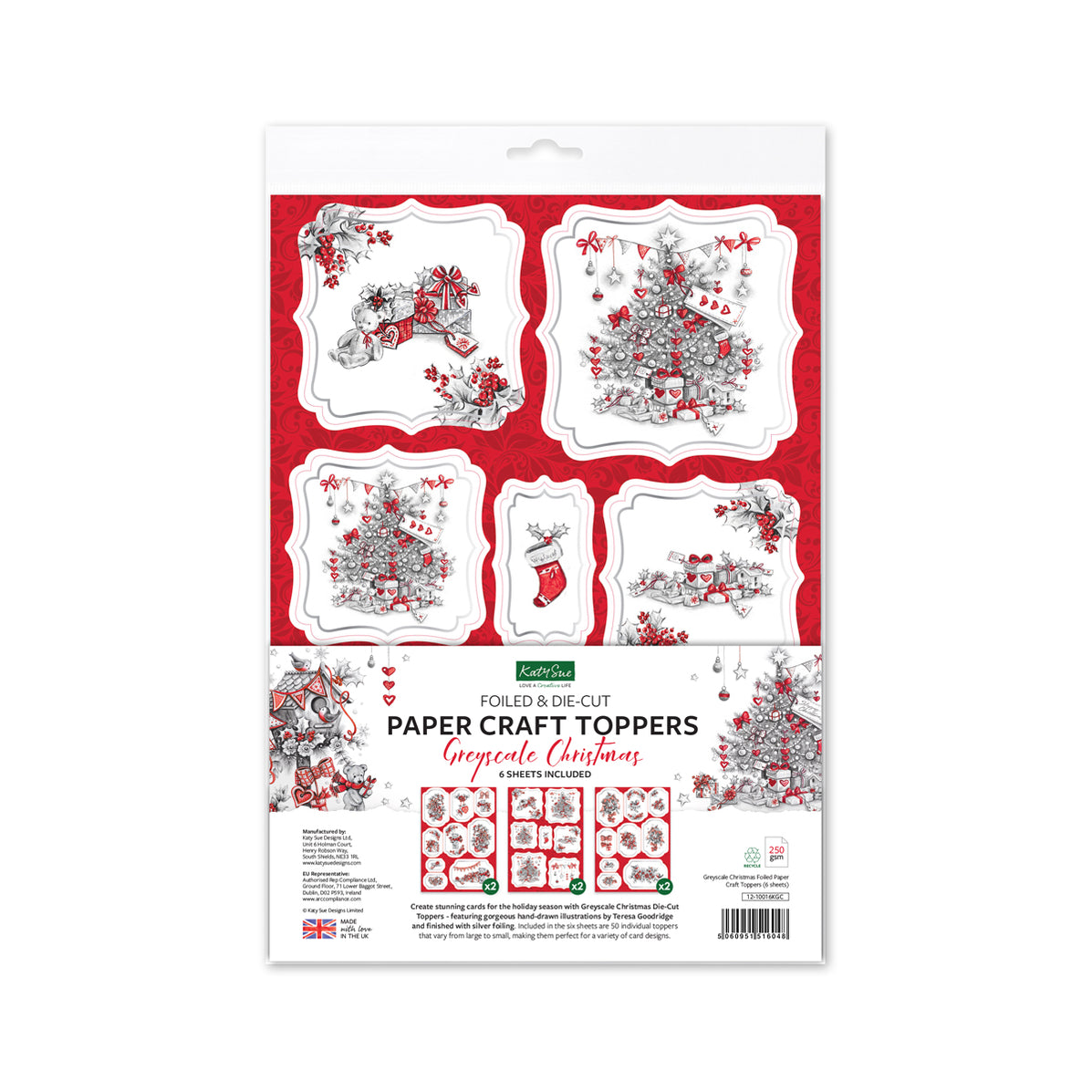Greyscale Christmas Foiled Paper Craft Toppers, 6 sheets — Katy Sue Designs