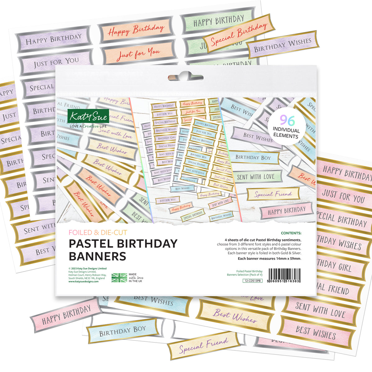 Foiled Pastel Birthday Banners Selection, Pack of 4 | Katy Sue Designs