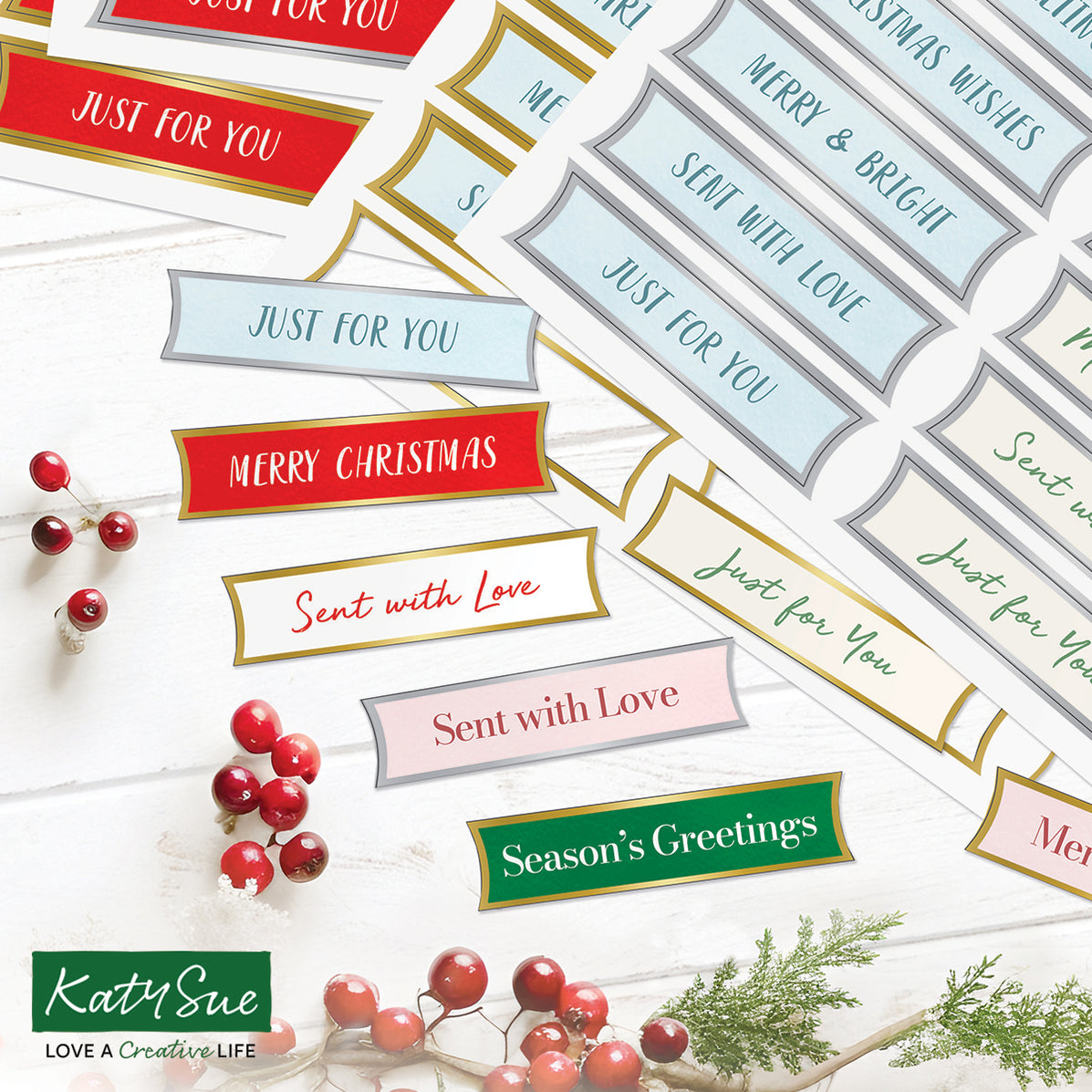 Foiled Christmas Banners, Festive Colours, 96 Sentiments — Katy Sue Designs