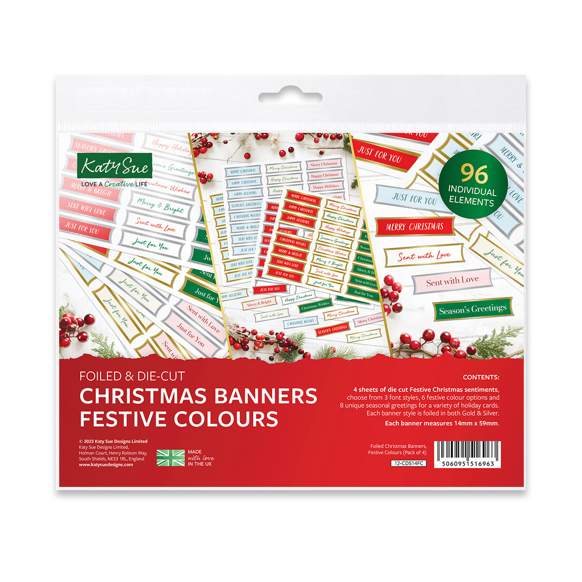 Foiled Christmas Banners, Festive Colours, 96 Sentiments — Katy Sue Designs