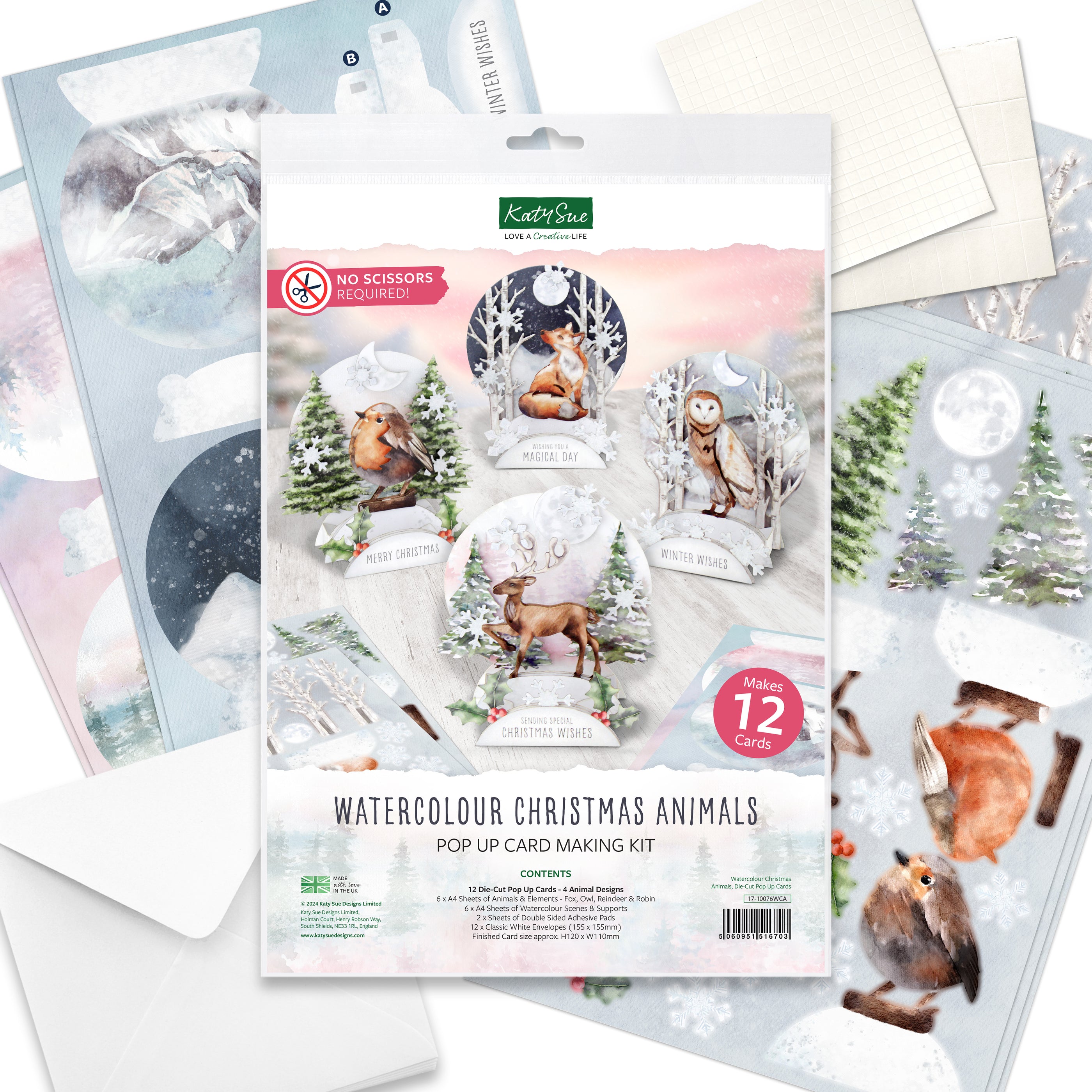 Watercolour Christmas Animals, Die-Cut Pop Up Cards — Katy Sue Designs