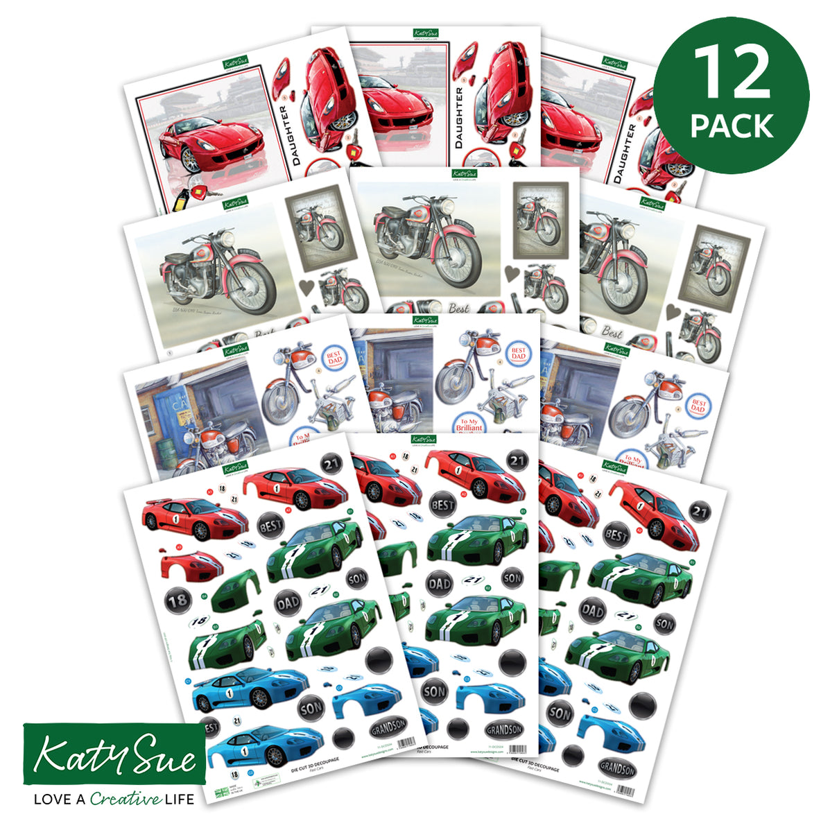 Die Cut Decoupage – Cars and Bikes (pack of 12) | Katy Sue Designs
