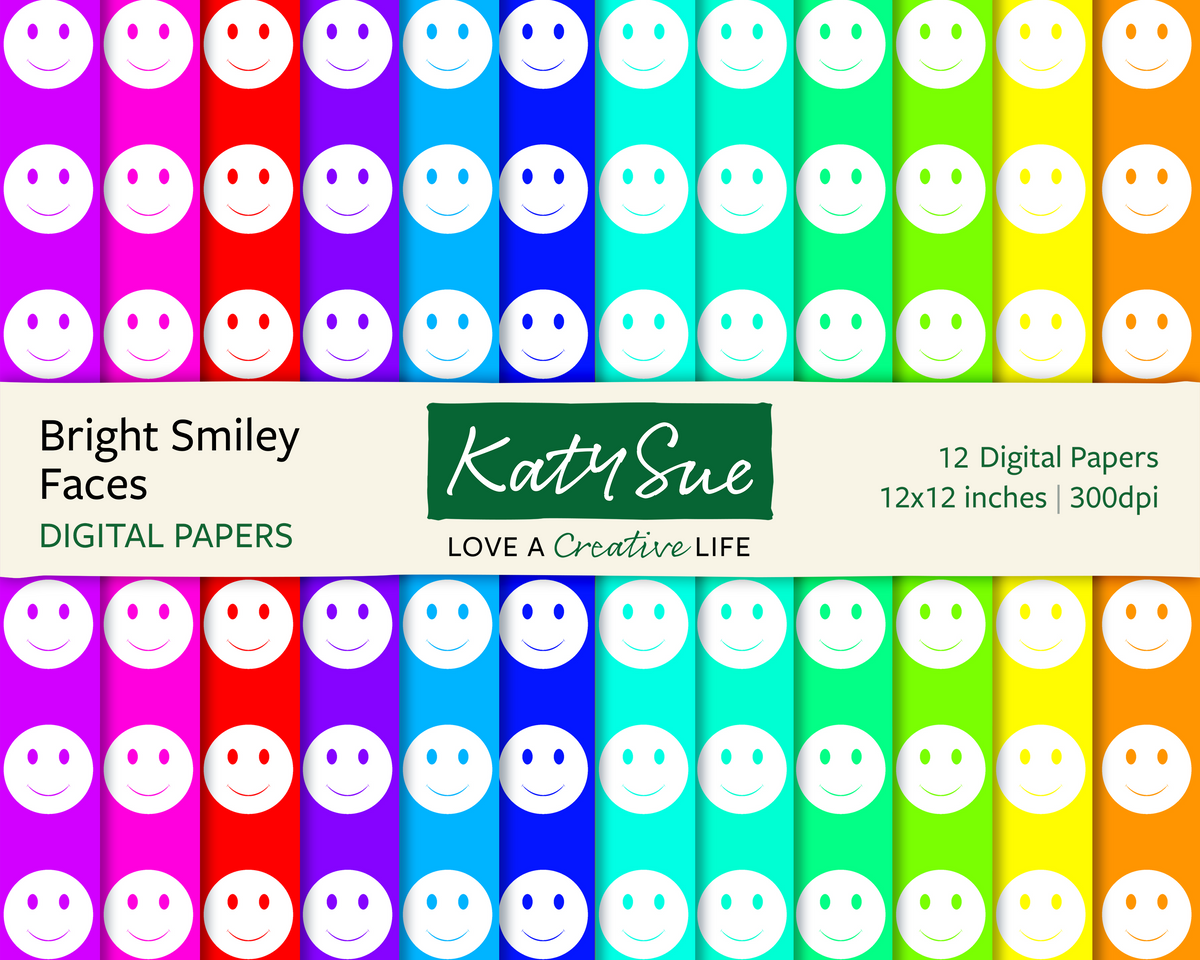 Bright Smiley Faces | 12x12 Digital Papers | Katy Sue Designs
