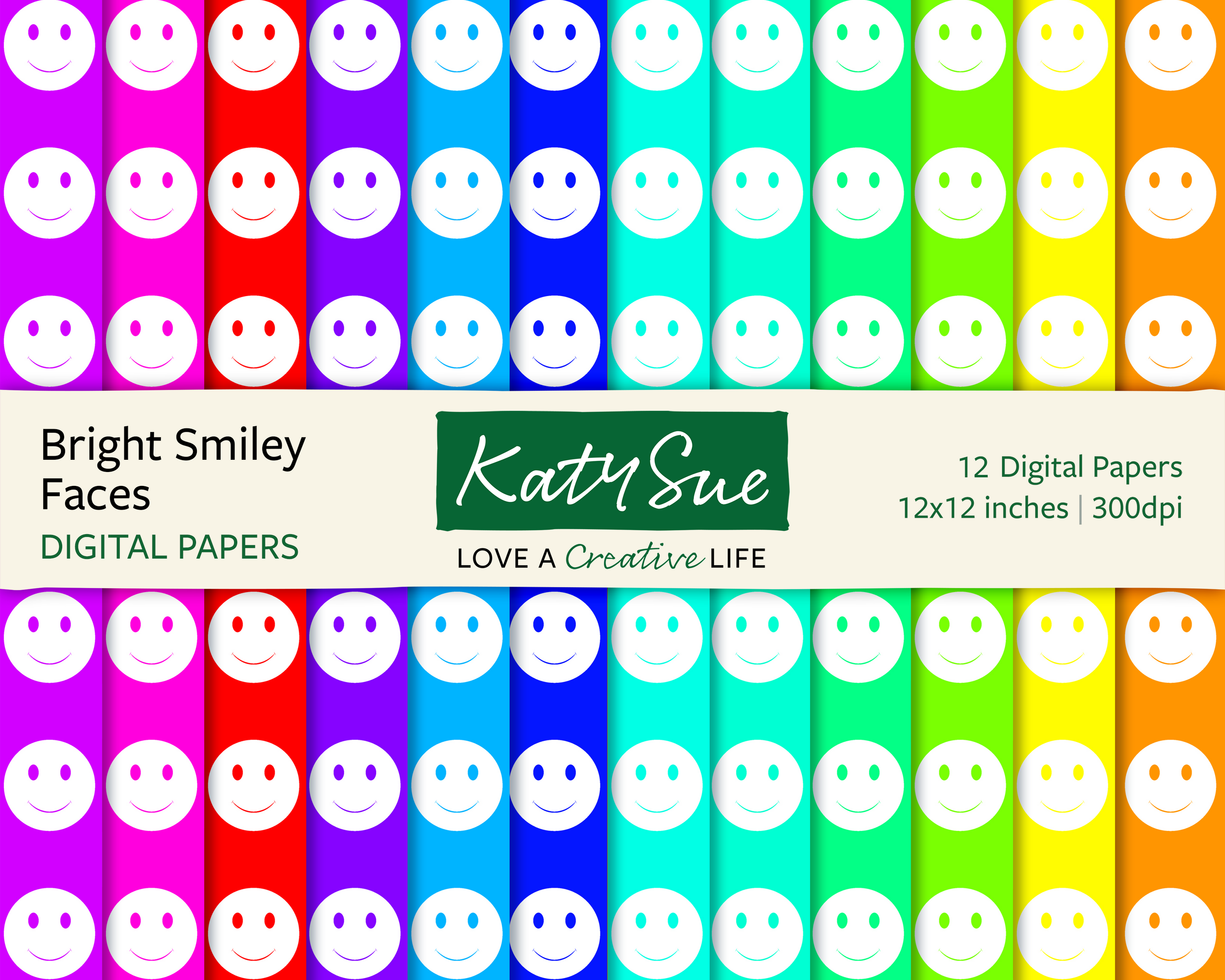 Bright Smiley Faces | 12x12 Digital Papers | Katy Sue Designs