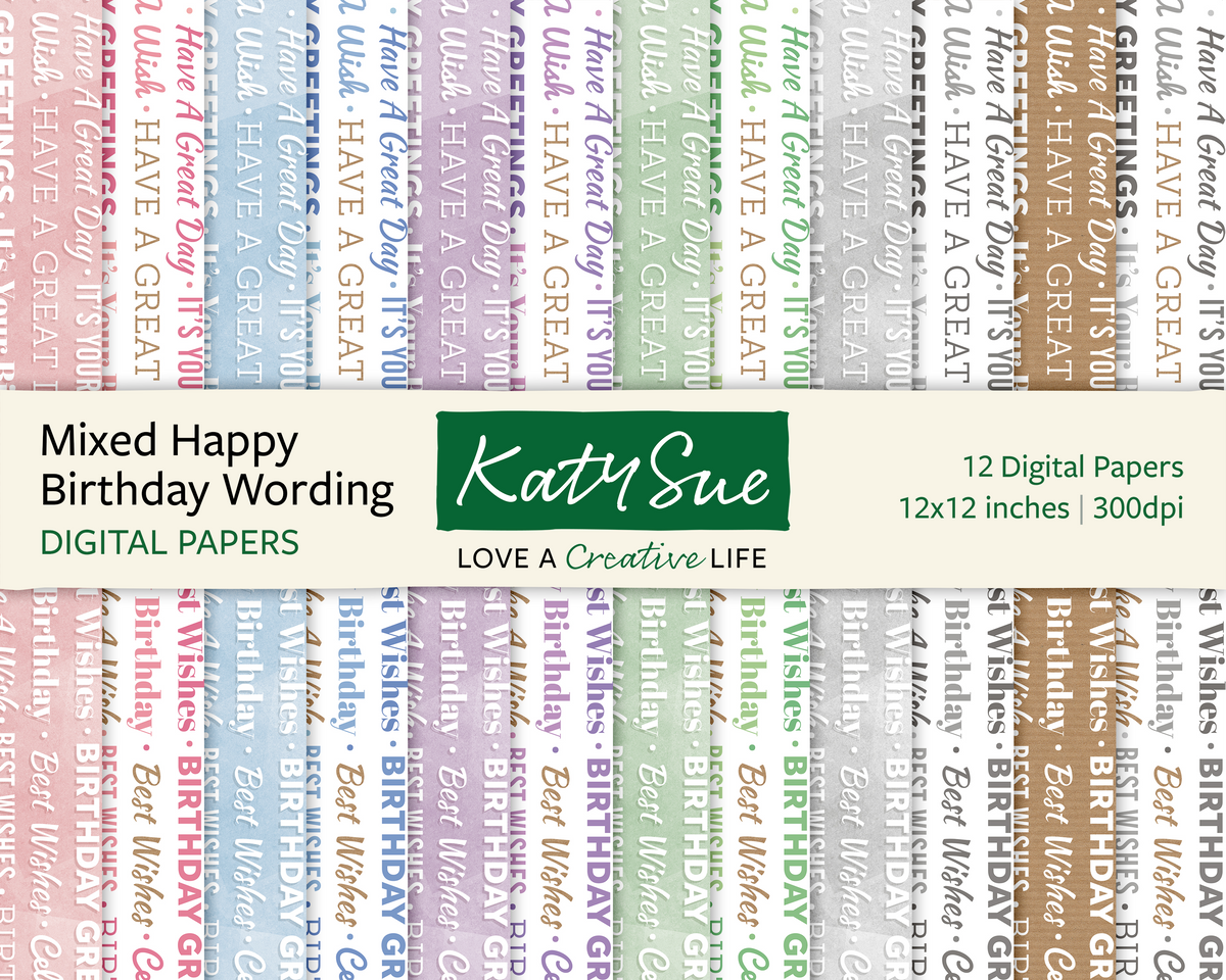 Mixed Happy Birthday Wording | 12x12 Digital Papers | Katy Sue Designs