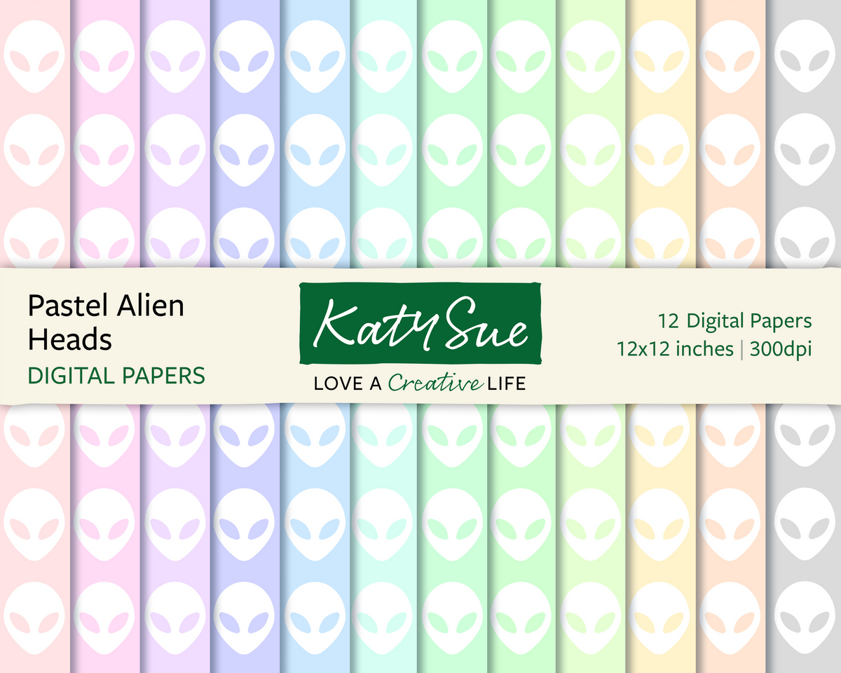 Pastel Alien Heads | 12x12 Digital Papers | Katy Sue Designs