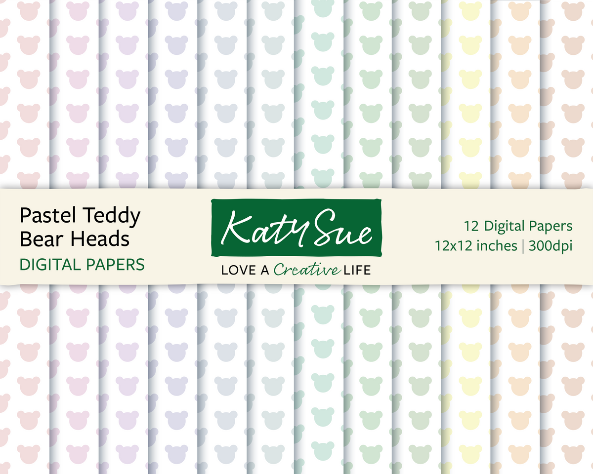 Pastel Teddy Bear Heads | 12x12 Digital Papers | Katy Sue Designs