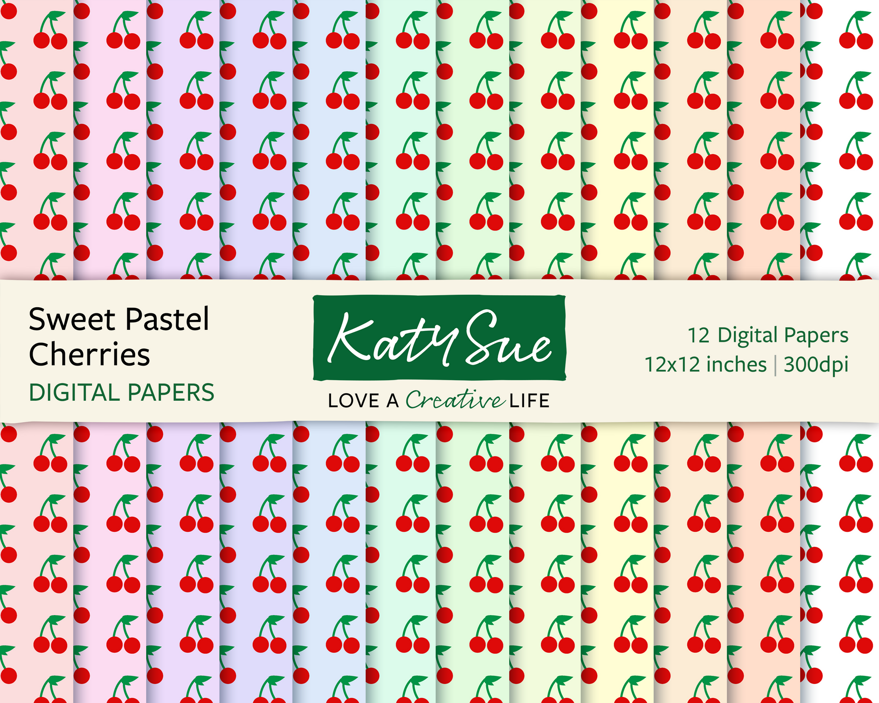 Sweet Pastel Cherries | 12x12 Digital Papers | Katy Sue Designs