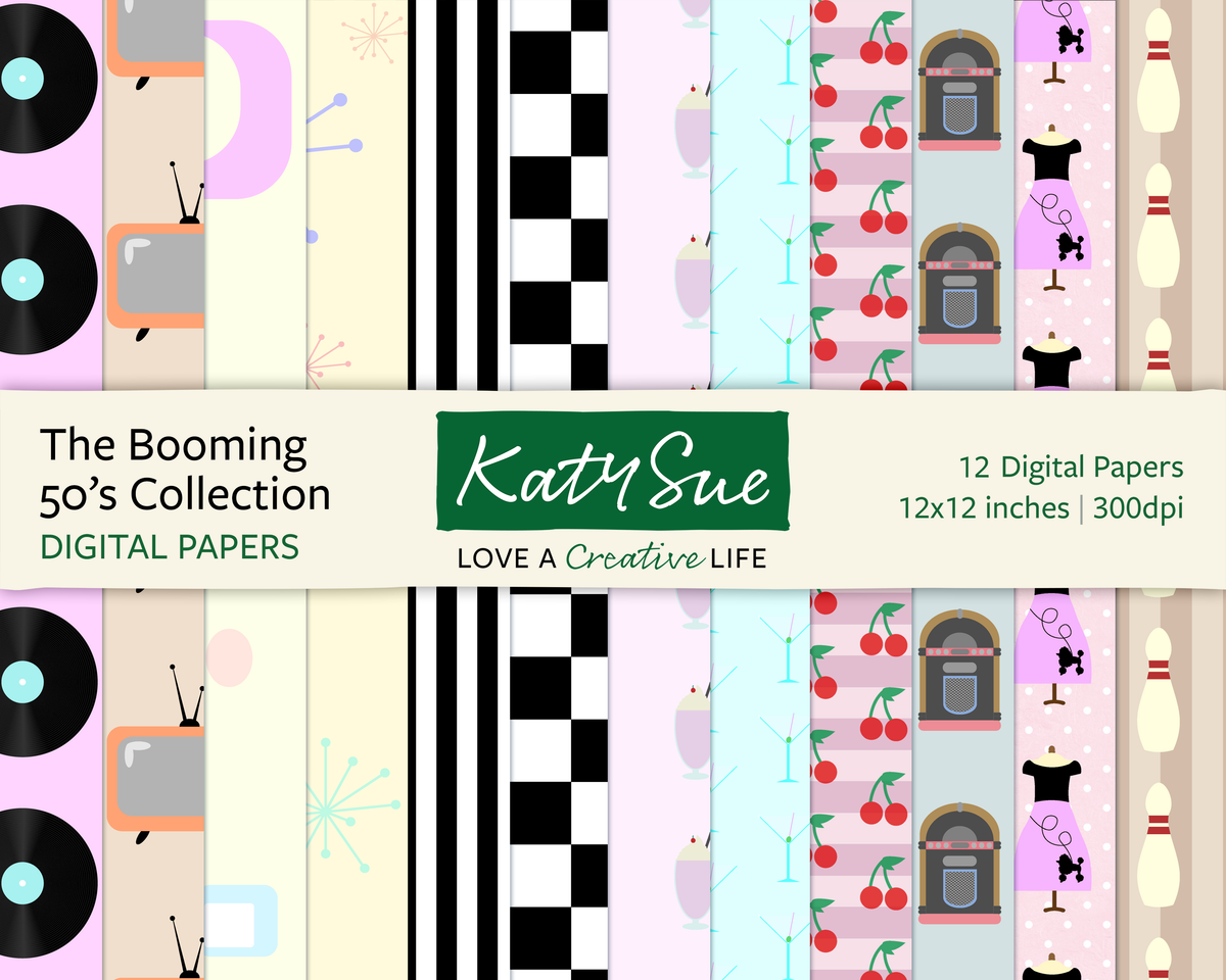 The Booming 50s Collection | 12x12 Digital Papers | Katy Sue Designs