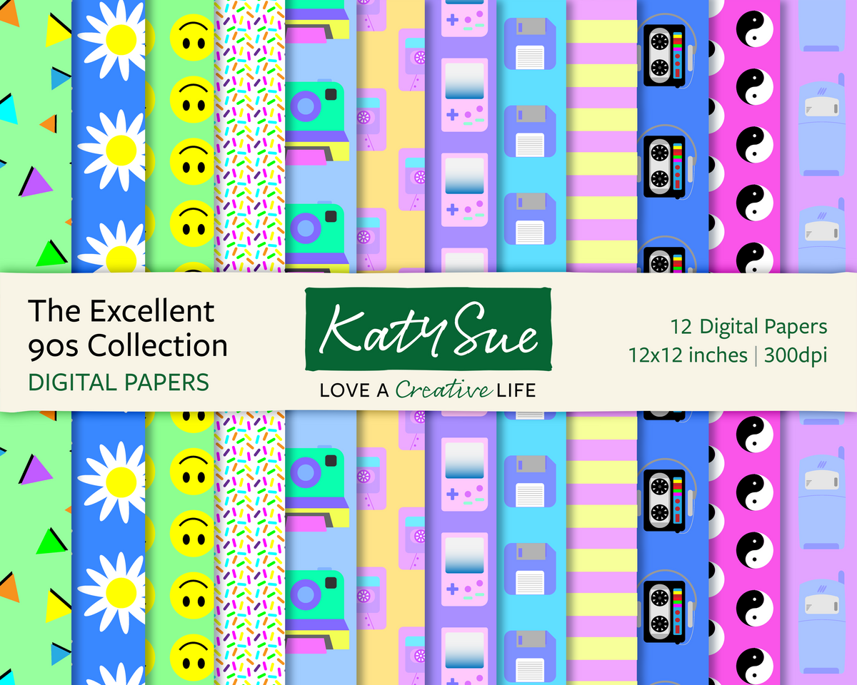 The Excellent 90s Collection | 12x12 Digital Papers | Katy Sue Designs