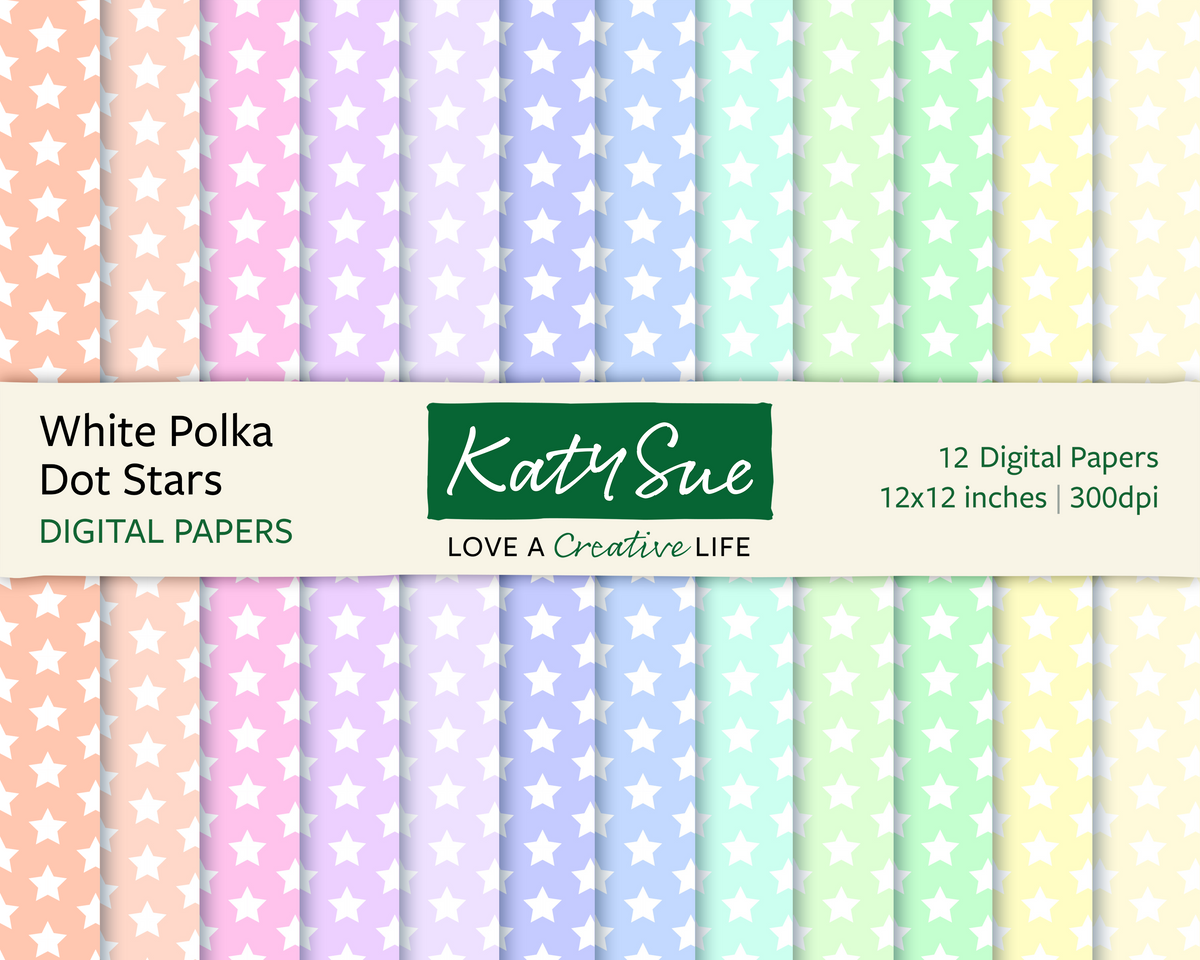 White Polka Dot Stars | 12x12 Digital Papers | Katy Sue Designs