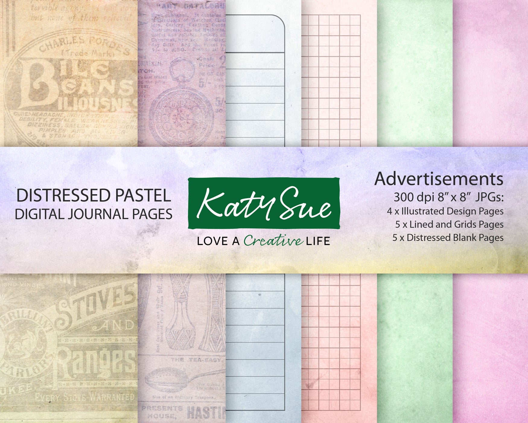 Distressed Pastel Advertisements | Digital Journal Pages — Katy Sue Designs