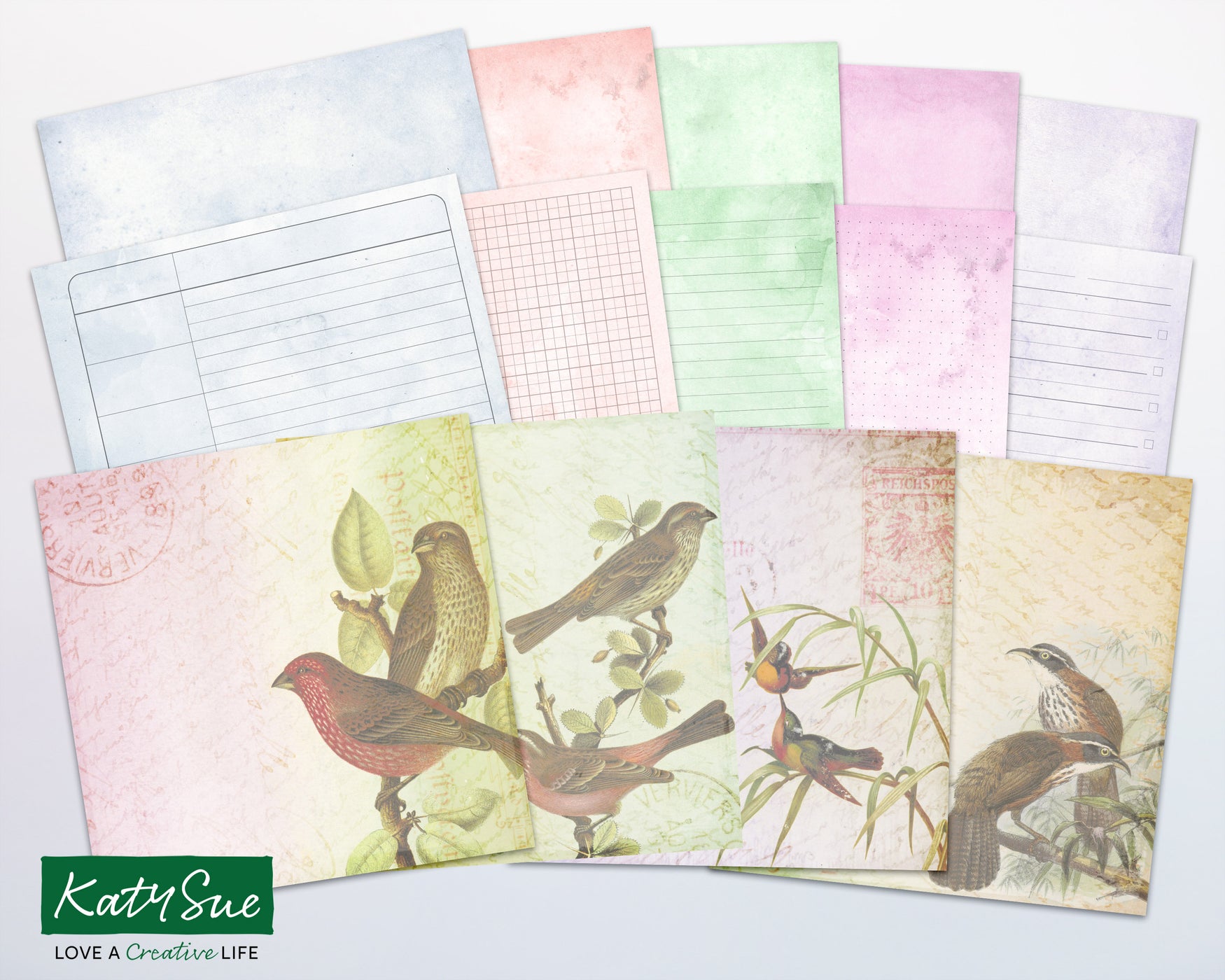 Distressed Pastel Birds | Digital Journal Pages — Katy Sue Designs