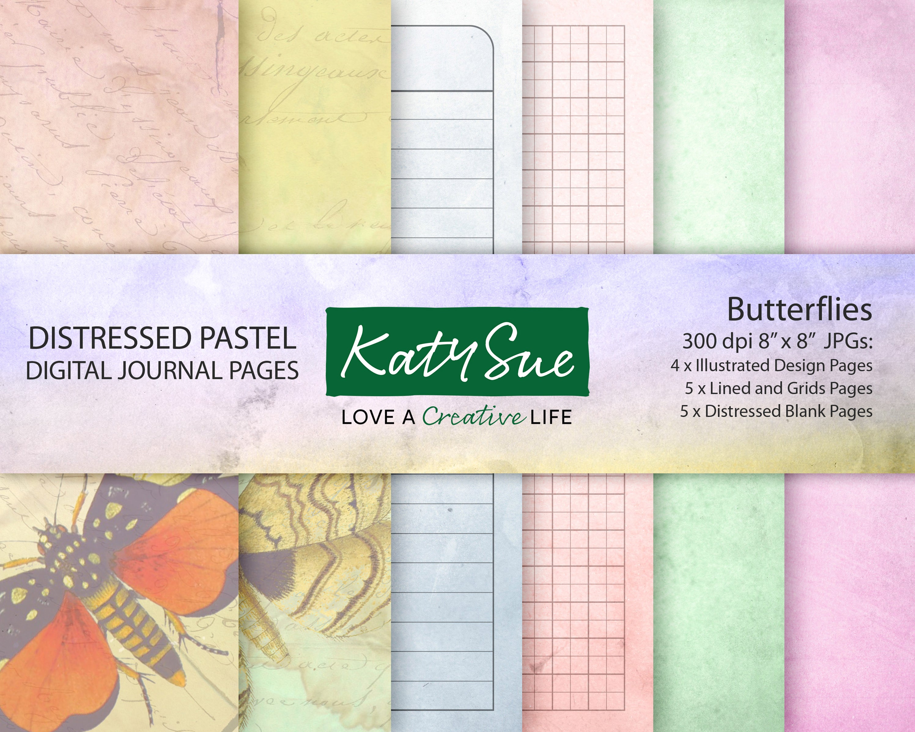 Distressed Pastel Butterflies | Digital Journal Pages — Katy Sue Designs