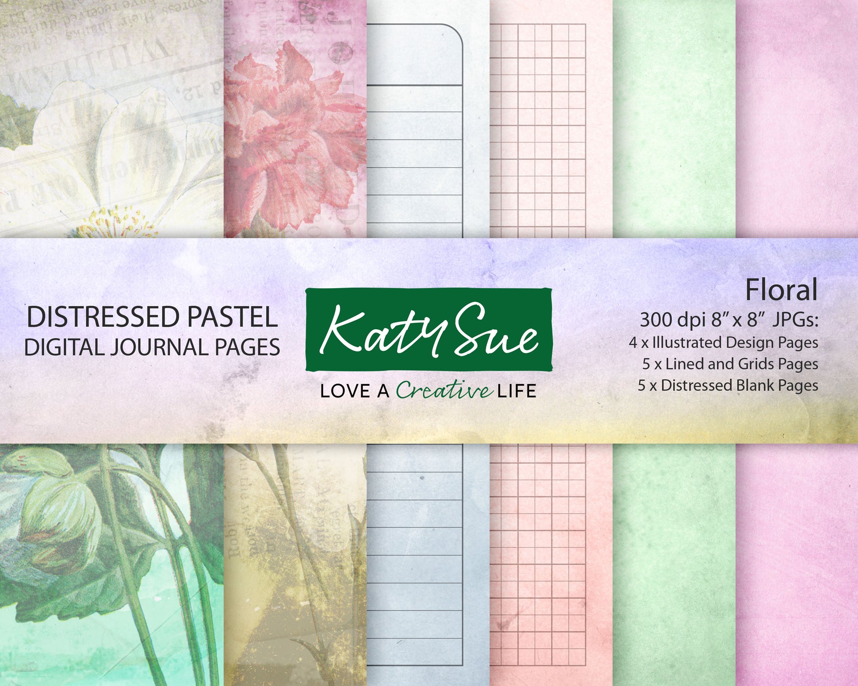 Distressed Pastel Floral | Digital Journal Pages — Katy Sue Designs